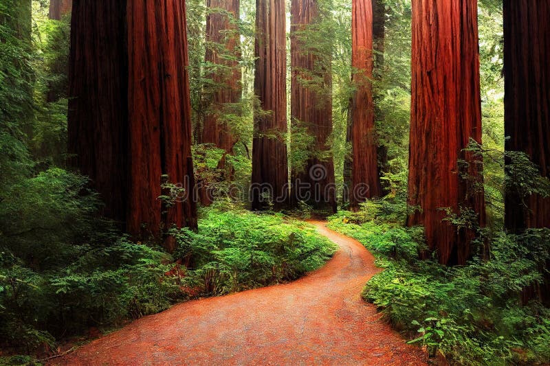 Forest Path among Tall Trees in Sequoia Forest Stock Illustration ...