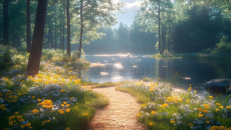 Forest Path To River with Sun Rays Stock Illustration - Illustration of ...