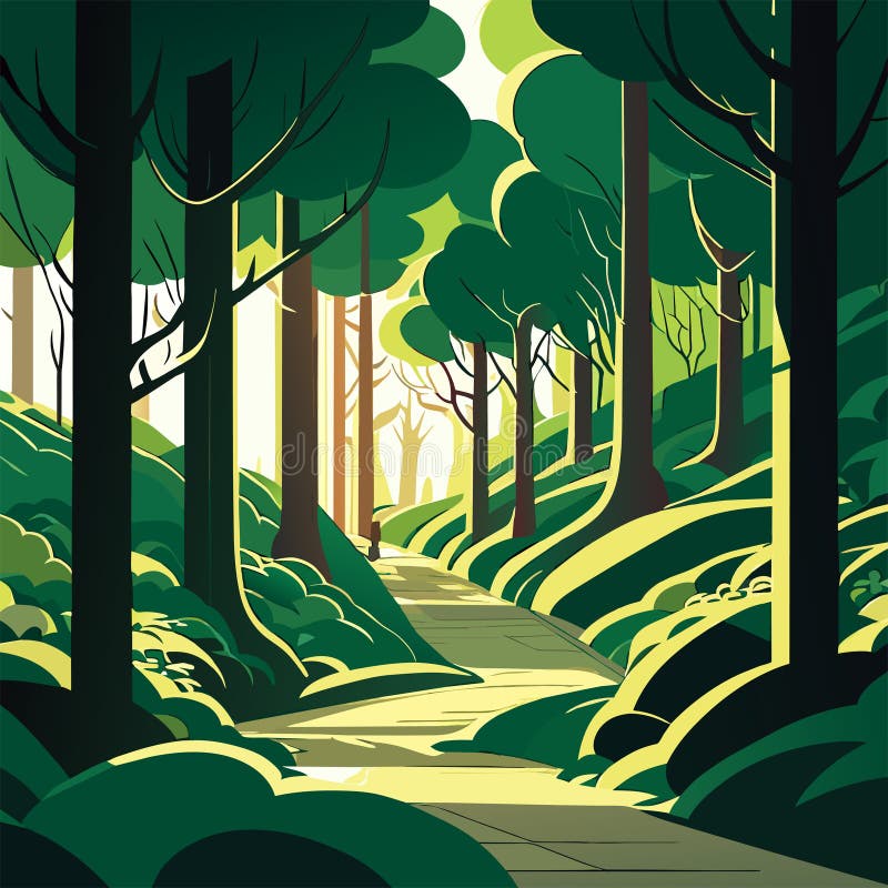 Forest Path with Trees and Bushes. Vector Illustration in Cartoon Style ...