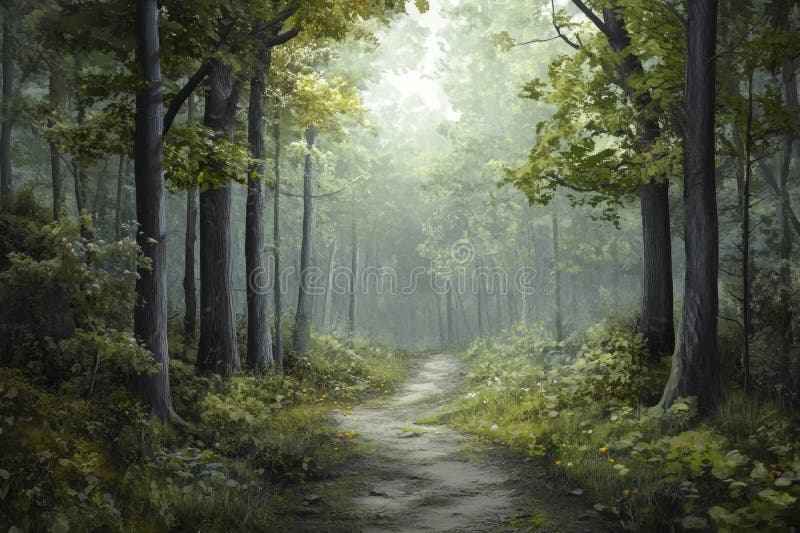 Forest Path with Trees on Either Side Stock Illustration - Illustration ...