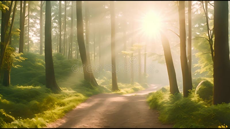 A Forest Path with Trees and a Sun Shining through the Trees Stock ...