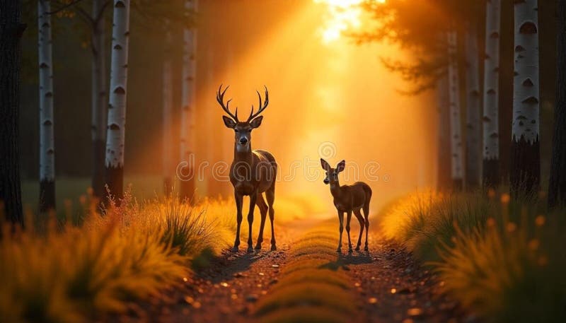 Forest Path Two Deer Standing Sunlight Stock Photos - Free & Royalty ...