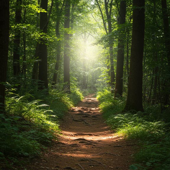 A Forest Path Winds through Tall Trees, with Sunlight Filtering through ...