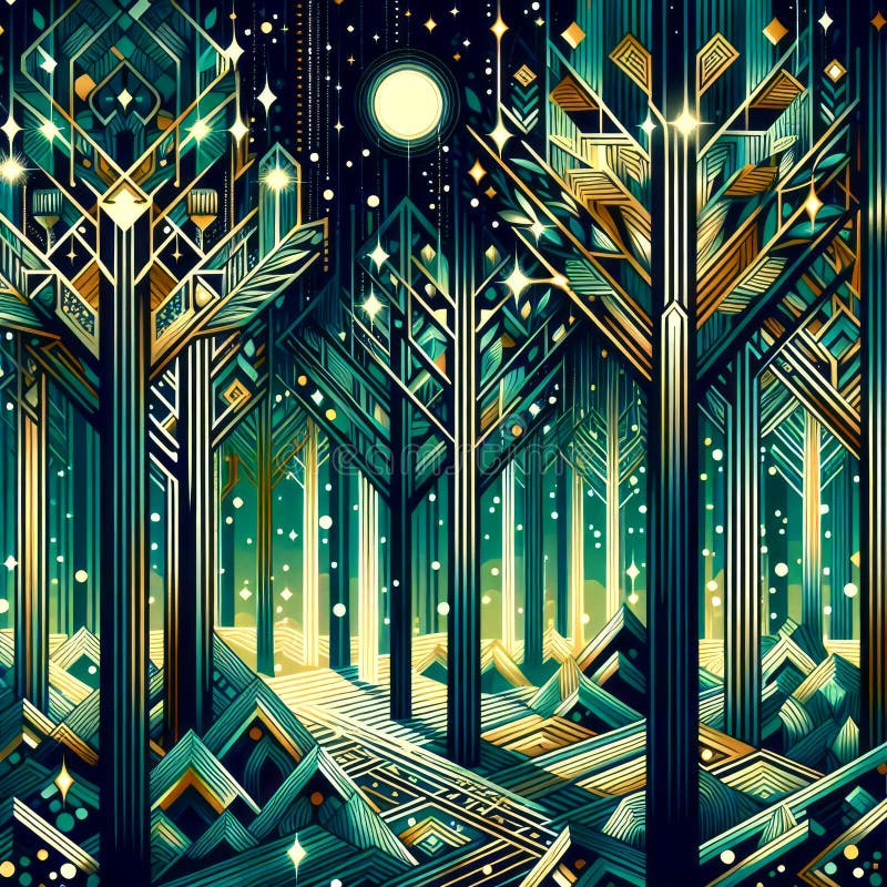 Forest Path in Art Deco Style Stock Illustration - Illustration of ...