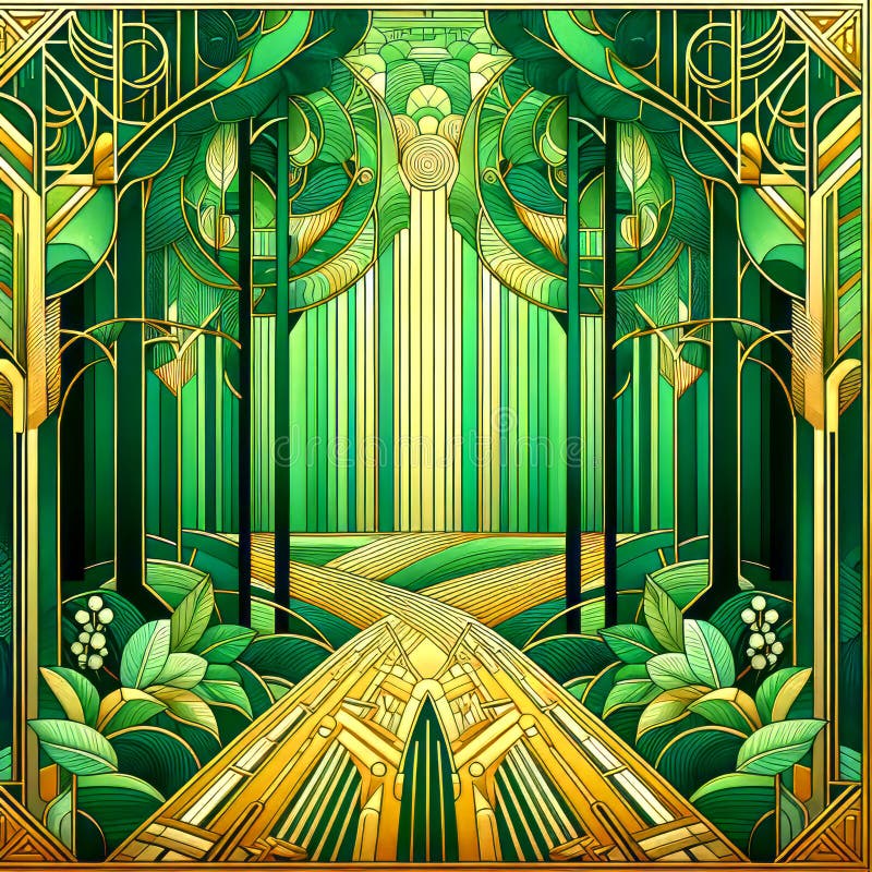 Forest Path in Art Deco Style Stock Illustration - Illustration of ...