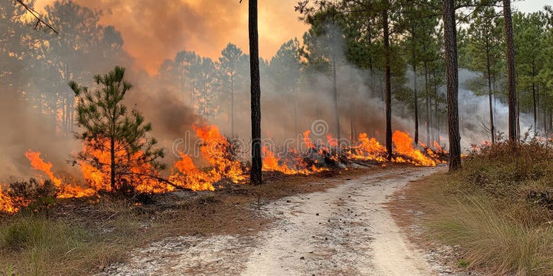 Forest Pathway with Active Wildfire Burning through Pine Trees and ...
