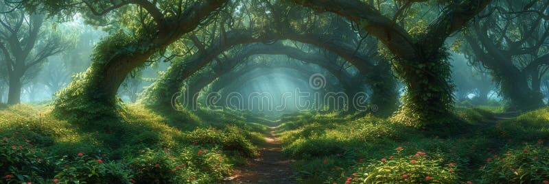 Forest Pathway with Arched Trees and Sunbeams, Fantasy Mystical ...