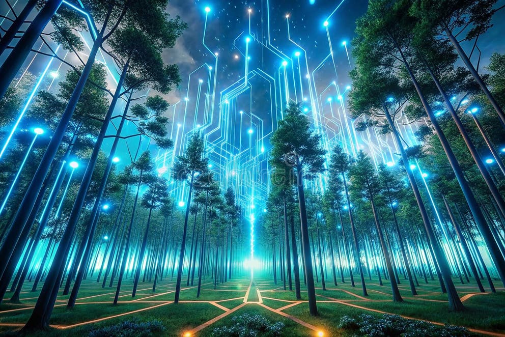 Forest Pathway, Glowing Circuits, Night, Futuristic Stock Illustration ...