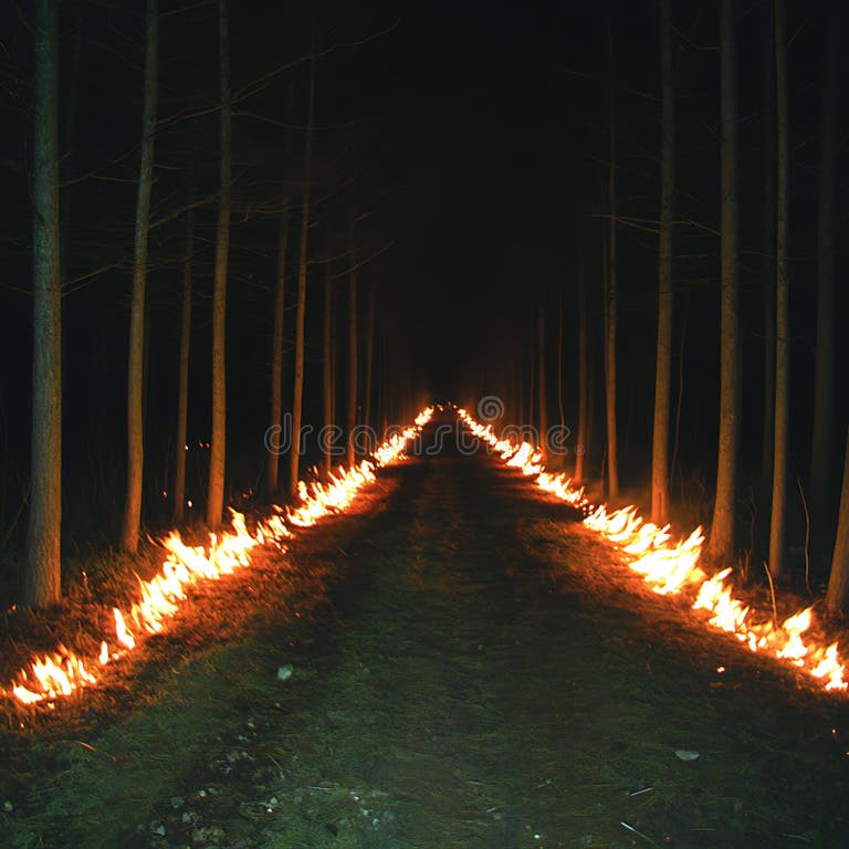Forest Pathway Illuminated by Fire Burning Along Both Sides Stock ...