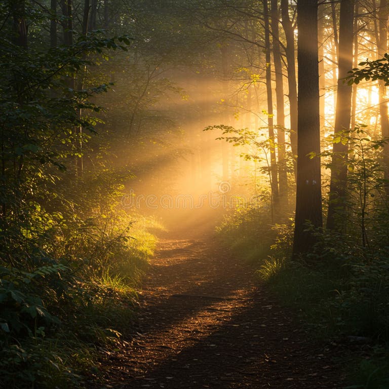 A Forest Pathway is Illuminated by the Golden Rays of the Sun Streaming ...