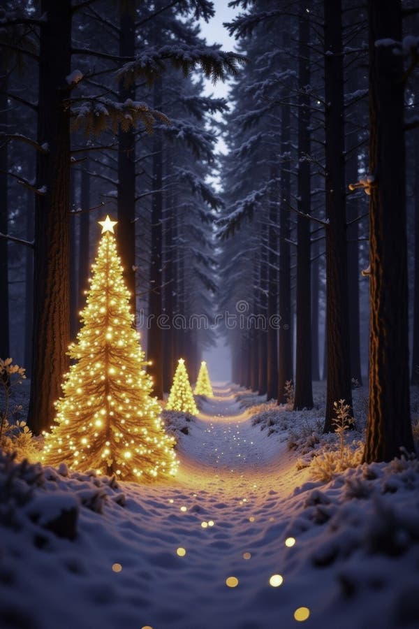 Forest Pathway Lined with Glowing White Christmas Trees and Lights ...