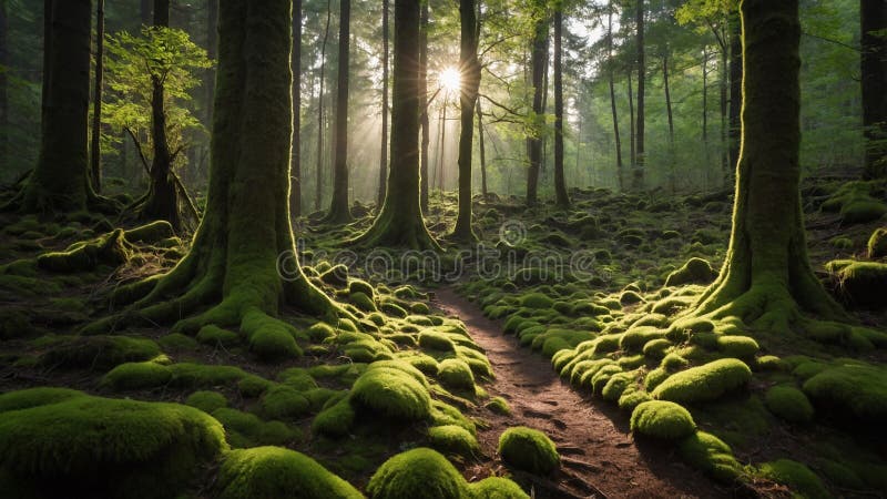 The Forest Pathway with Moss-covered Ground and Sunlight Filtering ...