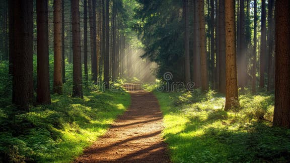 Forest Pathway with Sunlight Streaming through Tall Green Trees Stock ...