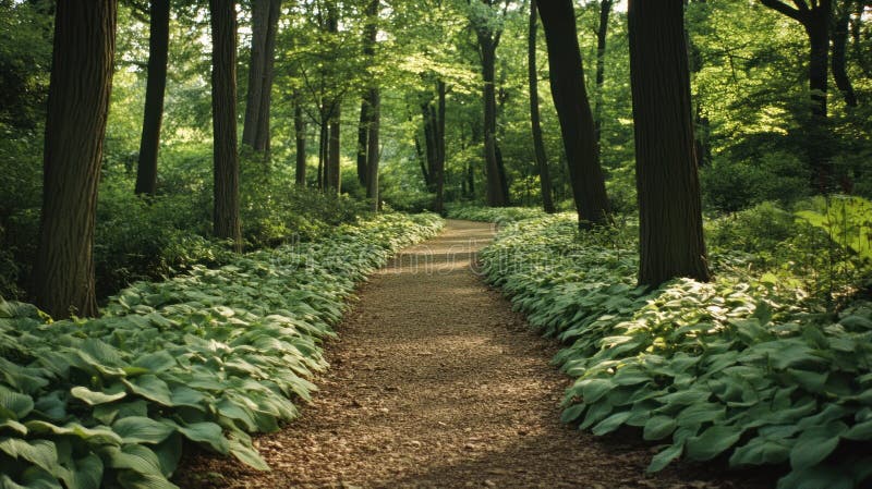 Forest Pathway Surrounded by Lush Green Plants and Tall Trees Stock ...