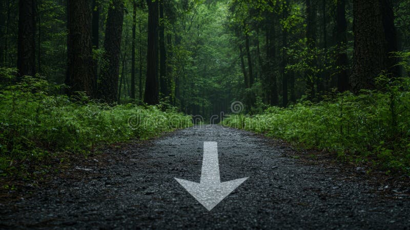 Forest Pathway with White Arrow Pointing Forward, Surrounded by Lush ...