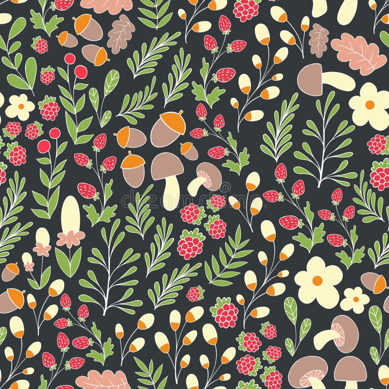 Forest Pattern. Vector Seamless Pattern with Flowers, Mushrooms and ...