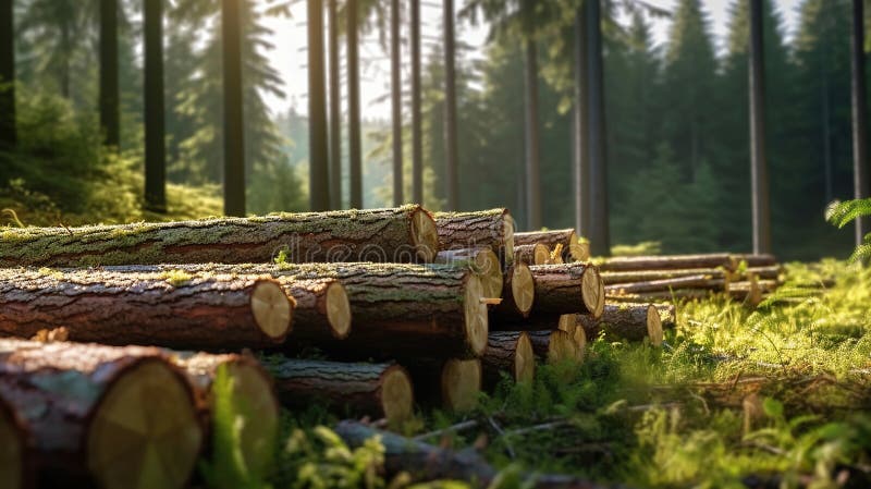 Forest Pine and Spruce Trees. Log Trunks Pile, the Logging Timber Wood ...