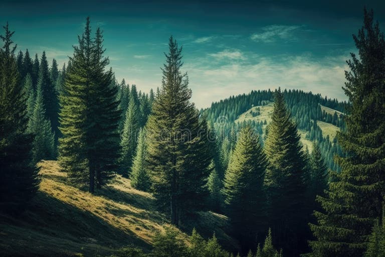 Forest of Pine Trees, Verdant and New on a Mountain Slope Stock ...