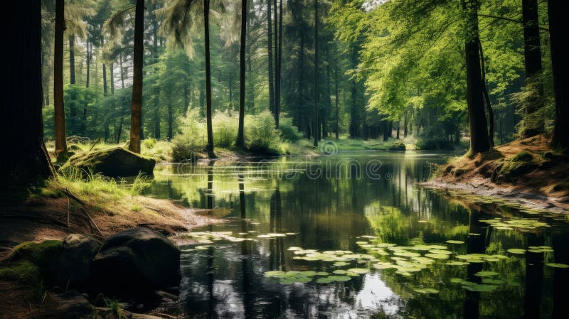 A Forest with a Pond and a Sky Reflection on the Water Surface Stock ...