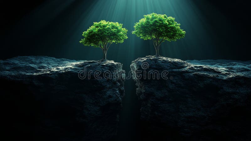 In a Forest, a Radiant Sunbeam Shines Down upon a Pair of Trees that ...