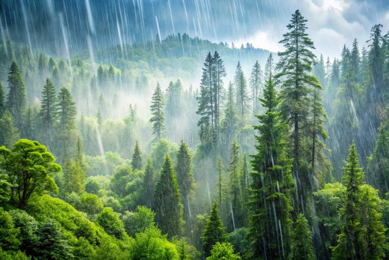 Forest Rainstorm with Falling Raindrops on Green Trees Stock ...