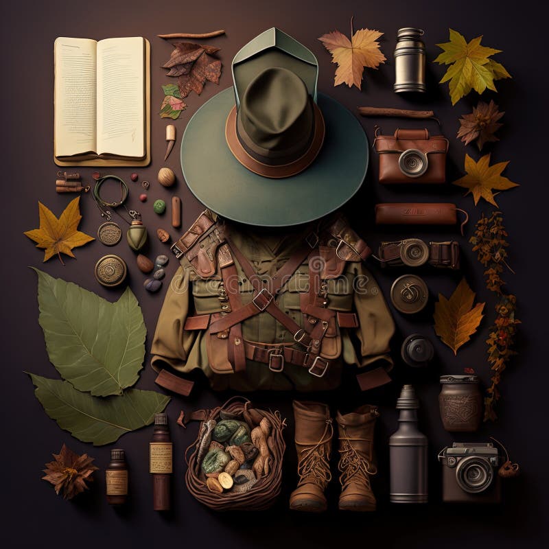 Forest Ranger Costume and Props, Knolling Layout. Generative AI Stock ...