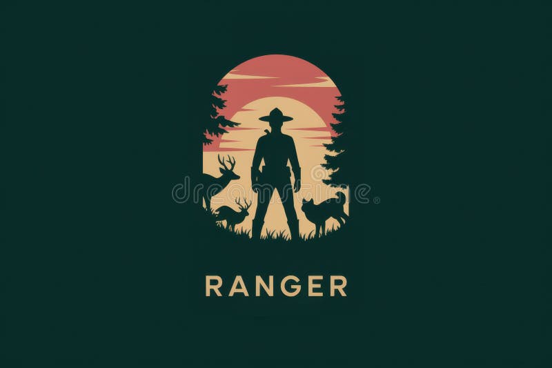 Forest Ranger Silhouette at Sunset with Deer and Trees in Bold Nature ...