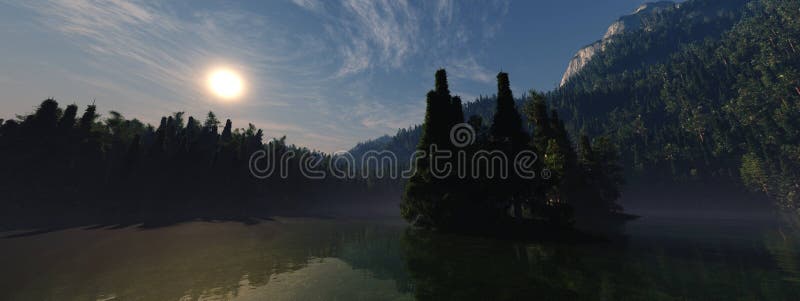 Forest in the Rays of the Setting Sun in the Fog Stock Illustration ...