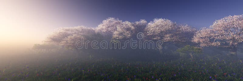 Forest in the Rays of the Setting Sun in the Fog Stock Illustration ...