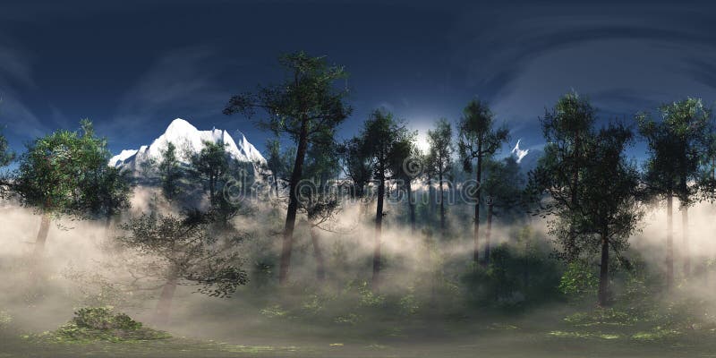 Forest in the Rays of the Setting Sun in the Fog Stock Illustration ...