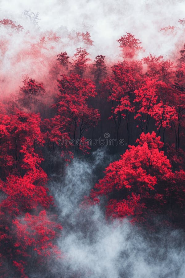 Forest with Red Trees in Fog Stock Photo - Image of forest, eerie ...
