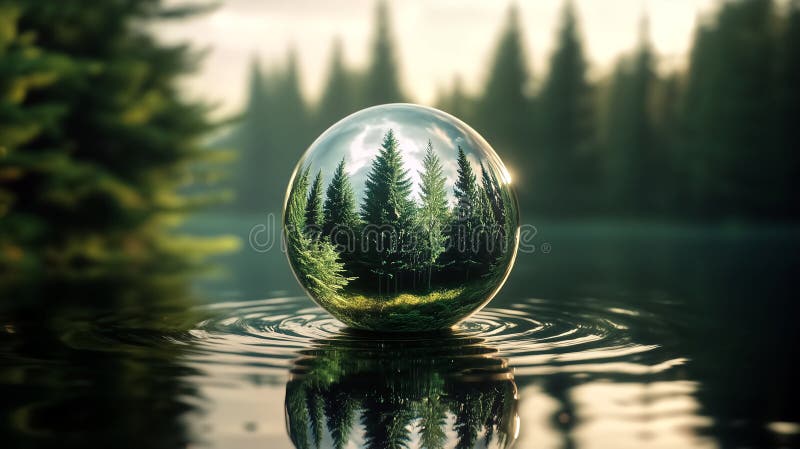 A Forest Reflected in a Water Sphere Stock Illustration - Illustration ...