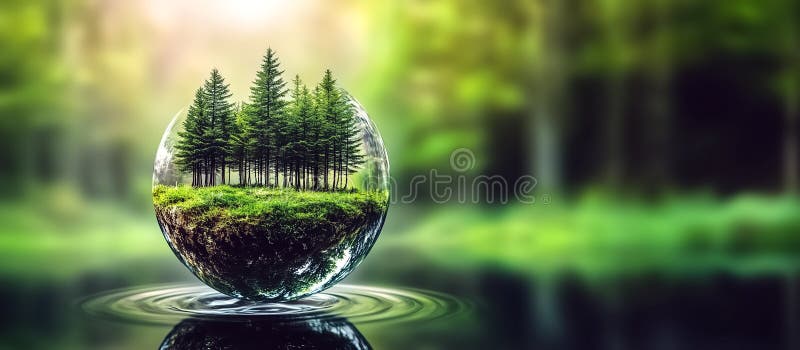 A Forest Reflected in a Water Sphere Stock Illustration - Illustration ...