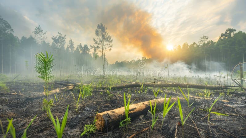 Forest Regeneration after Fire at Sunrise Stock Illustration ...