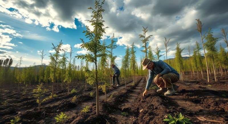 Forest Restoration Workers Planting Young Trees Nature Restoration ...