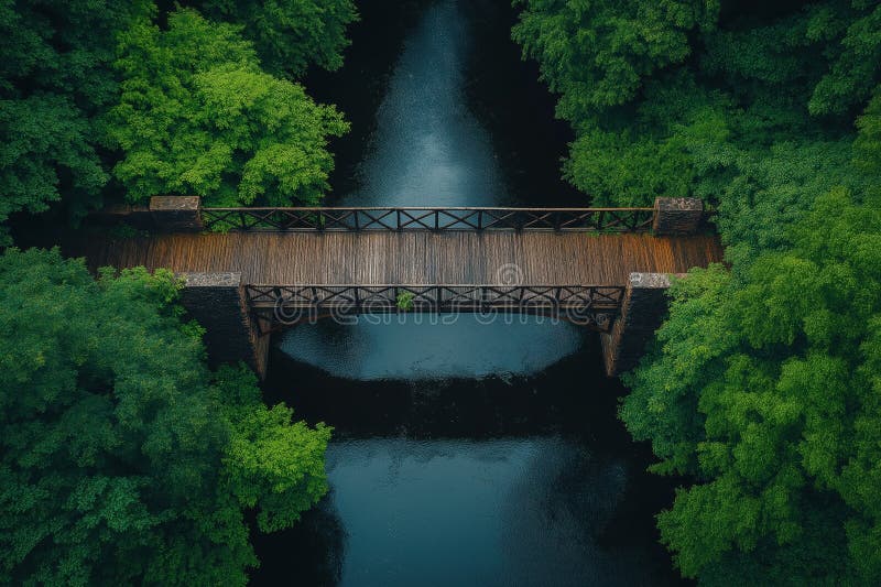 Forest River Bridge: Top-Down View of Serene Wooden Crossing Stock ...