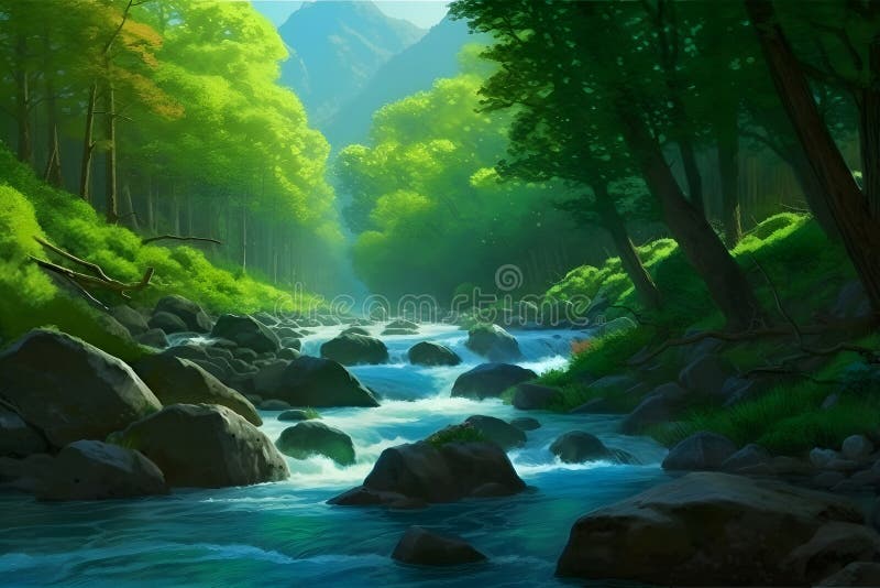 Forest River Landscape in Cartoon Style. Neural Network AI Generated ...