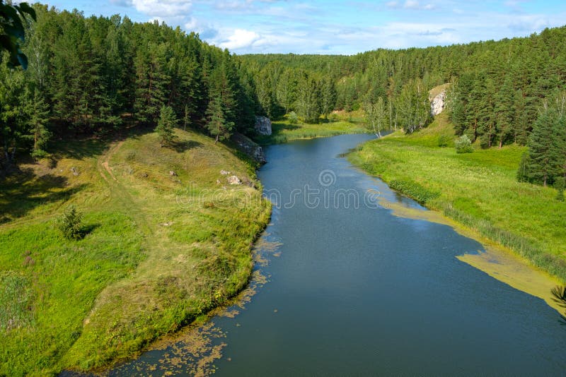 Forest River Landscape in Summer View from Above Perspective Far ...