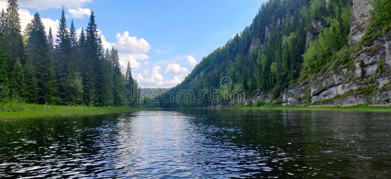 Forest, River and Mountain in Good Weather Stock Photo - Image of ...