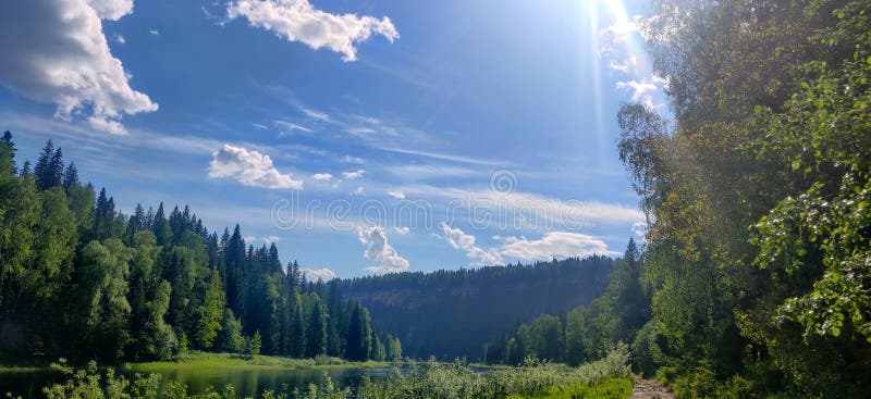 Forest, River and Mountian in Good Weather Stock Image - Image of ...