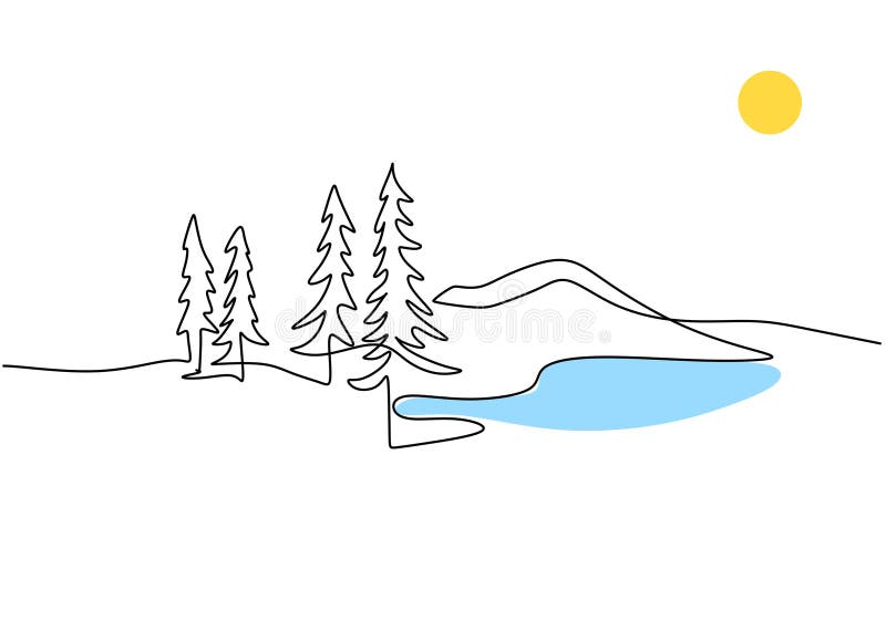 Forest and River One Line Art Drawing. Continuous Single Hand Drawn of ...