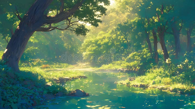 A Forest with a River Running through it. Anime Background Stock Photo ...