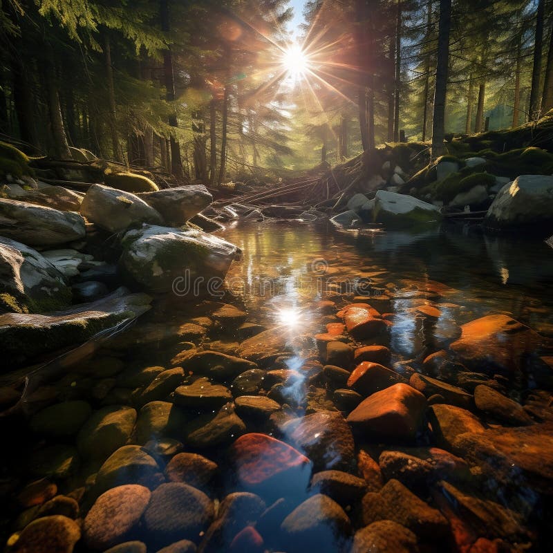 Forest with River at Sunset Long Exposure - Landscape Photography Stock ...