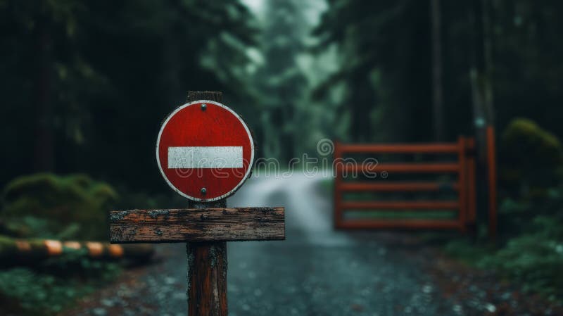 Forest Road Blocked Sign in Serene Green Landscape with Gate in the ...