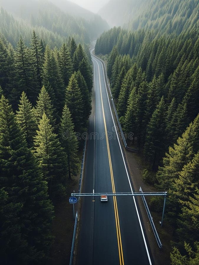 The Forest Road Extends into the Distance, Surrounded by Pine Trees on ...