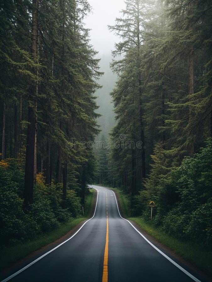 The Forest Road Extends into the Distance, Surrounded by Pine Trees on ...
