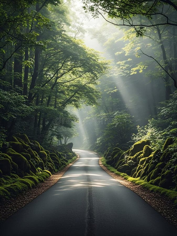 The Forest Road Extends into the Distance, Surrounded by Pine Trees on ...
