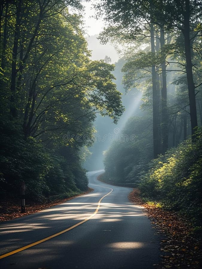 The Forest Road Extends into the Distance, Surrounded by Pine Trees on ...