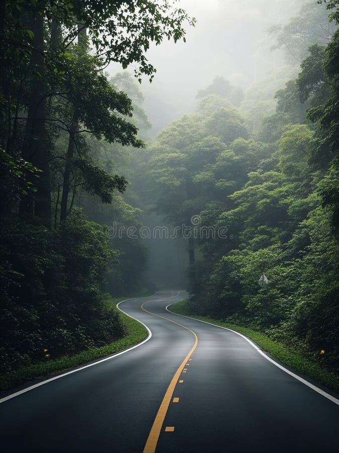 The Forest Road Extends into the Distance, Surrounded by Pine Trees on ...