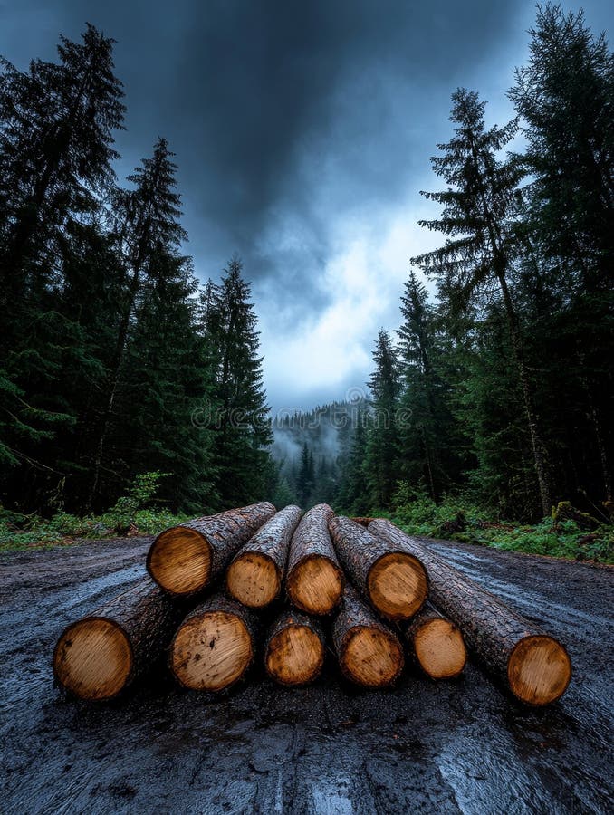 Forest Road Lumber Pile Stack of Logs on a Muddy Forest Road Under a ...